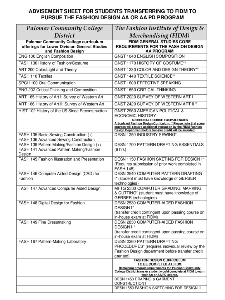Fillable Online advisement sheet for students transferring to fidm Fax ...