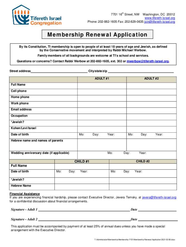 Fillable Online Membership Application 93-Congregation Application Fax ...