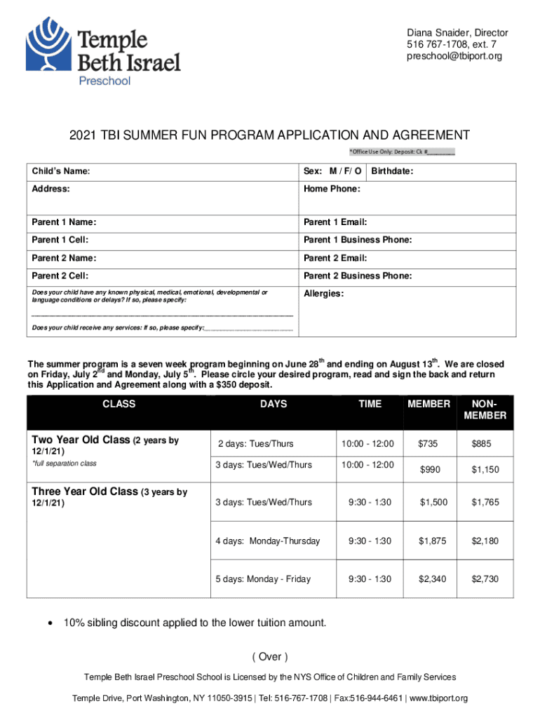 Fillable Online 2021 tbi summer fun program application and agreement ...