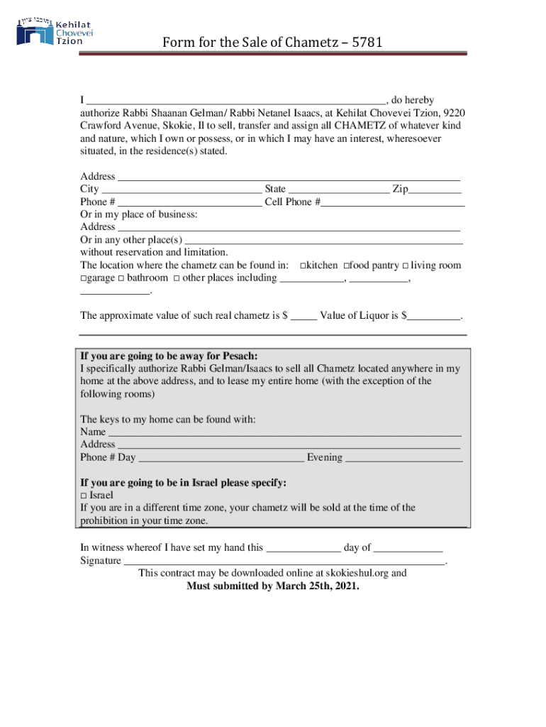 Fillable Online Form for the Sale of Chametz - Kehilat Chovevei Tzion Fax Email Print - pdfFiller