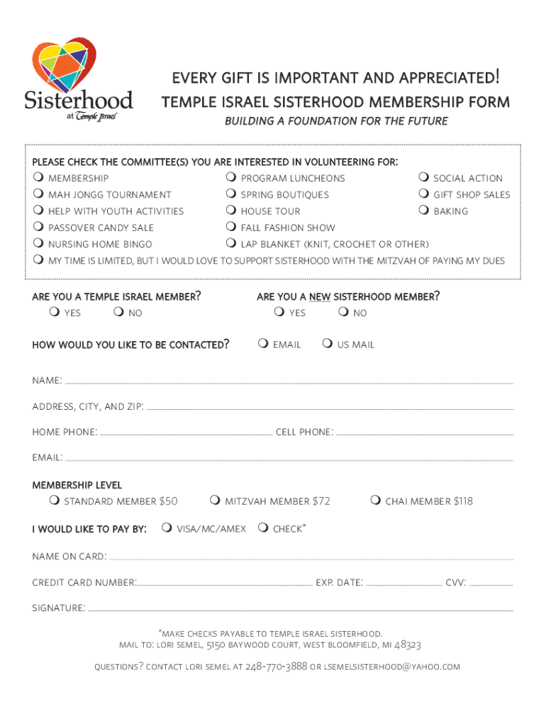 Fillable Online temple israel sisterhood membership form - ShulCloud ...