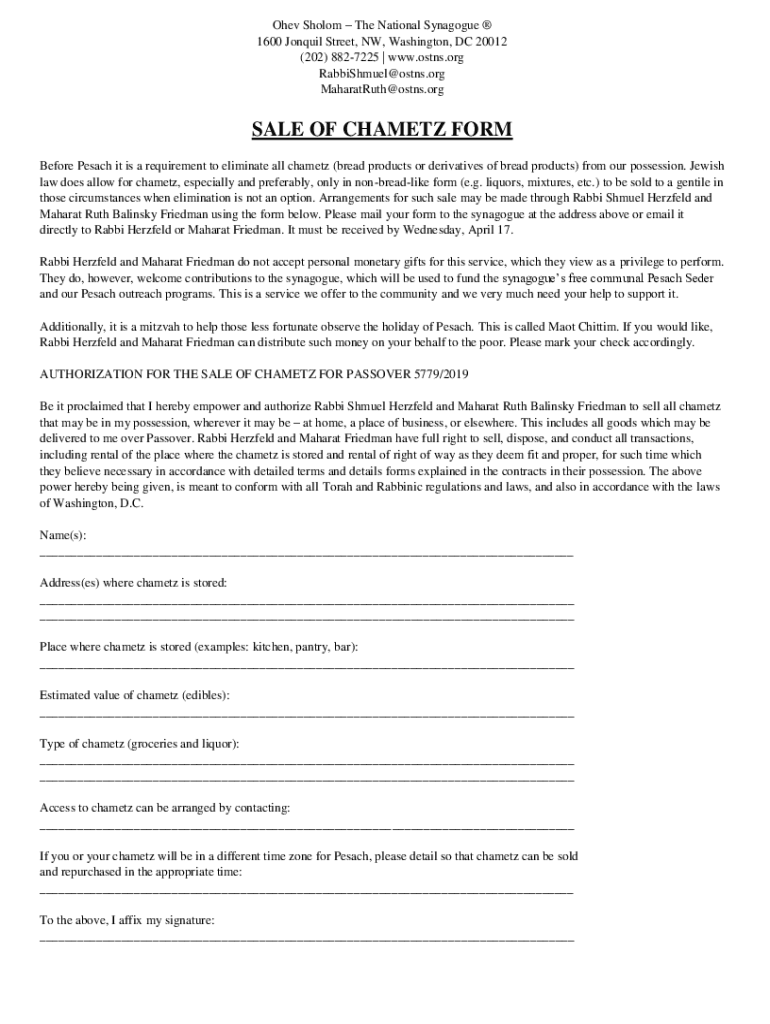 Fillable Online SALE OF CHAMETZ FORM - ShulCloud Fax Email Print ...