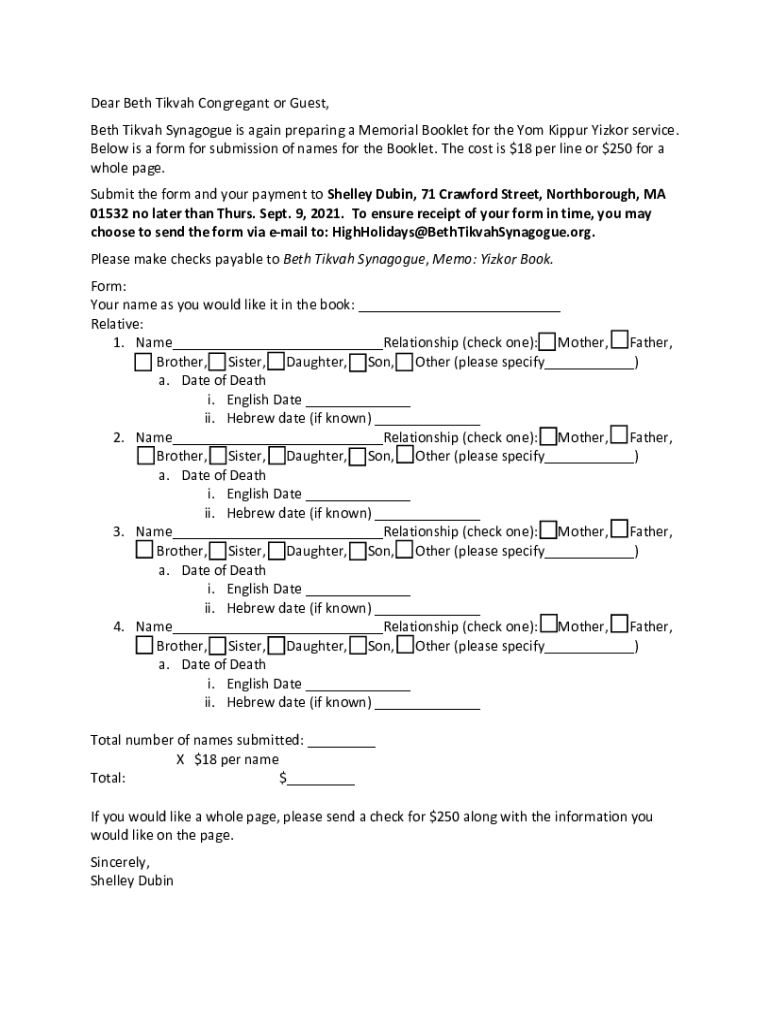 Fillable Online Dear Beth Tikvah Congregant or Guest - ShulCloud Fax ...