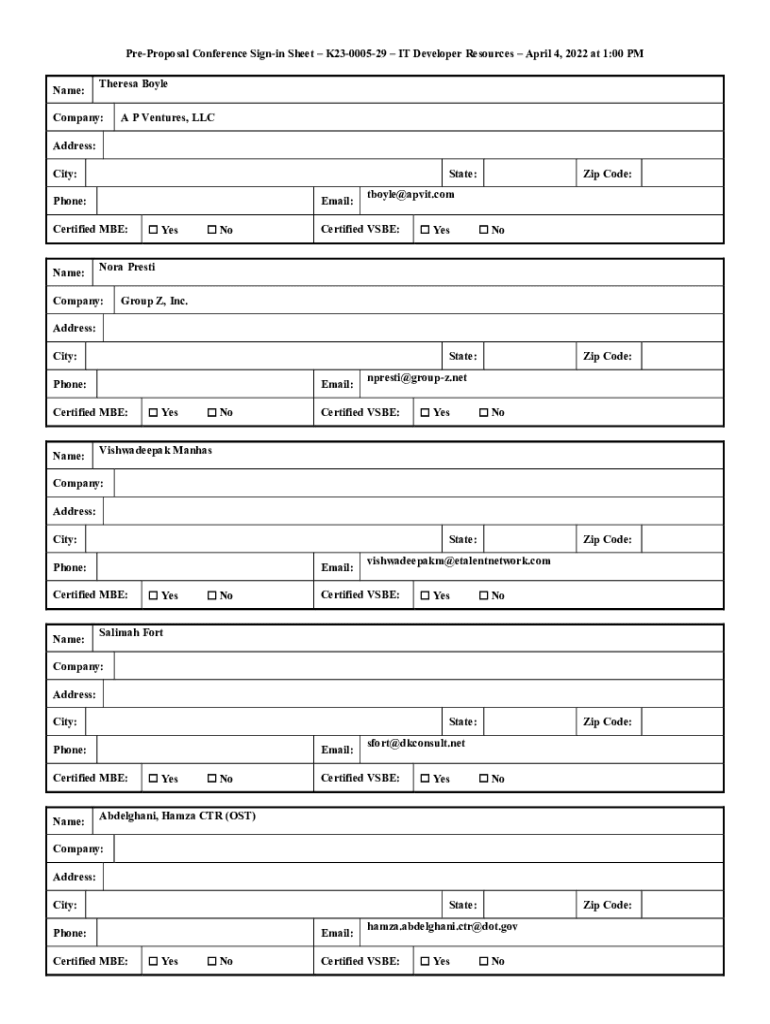 Fillable Online Pre-Proposal Conference Sign-in SheetK23-0005-29 Fax ...