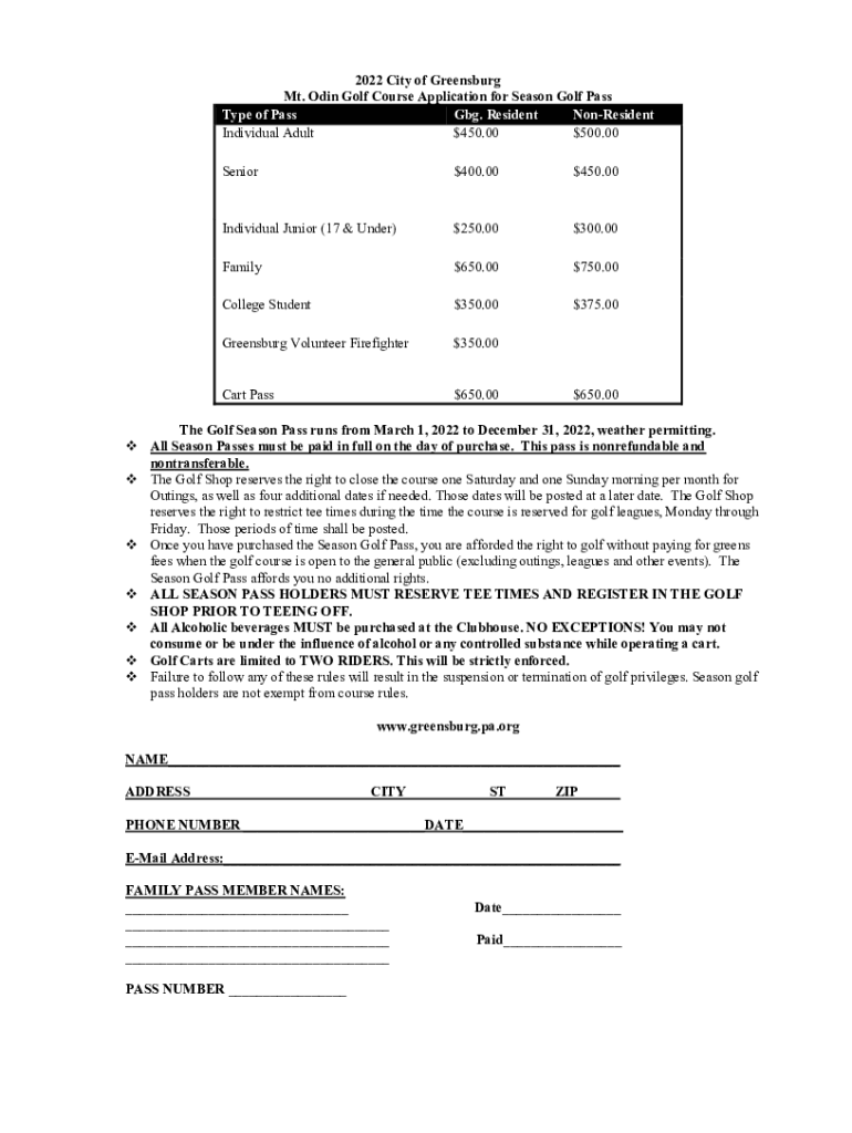 Fillable Online 2022 City of Greensburg Mt. Odin Golf Course ...