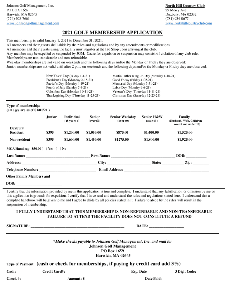 Fillable Online 2021 Golf Membership Application - North Hill Country ...
