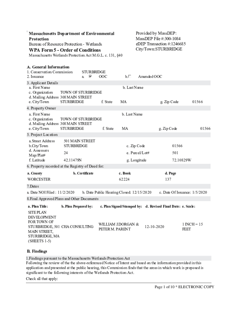 Fillable Online WPA Form 5 Order of Conditions - Sturbridge MA Fax ...