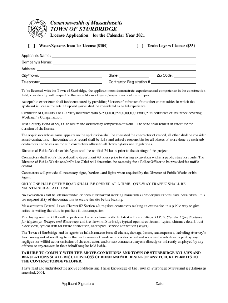 Fillable Online Town of Southbridge 20 Application for Drainlayers or ...