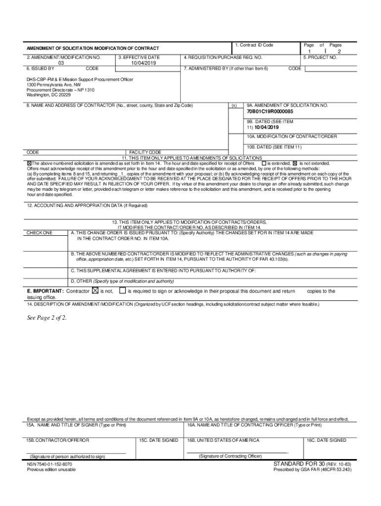 Fillable Online AMENDMENT OF SOLICITATION /MODIFICATION OF CONTRACT Fax Email Print - pdfFiller