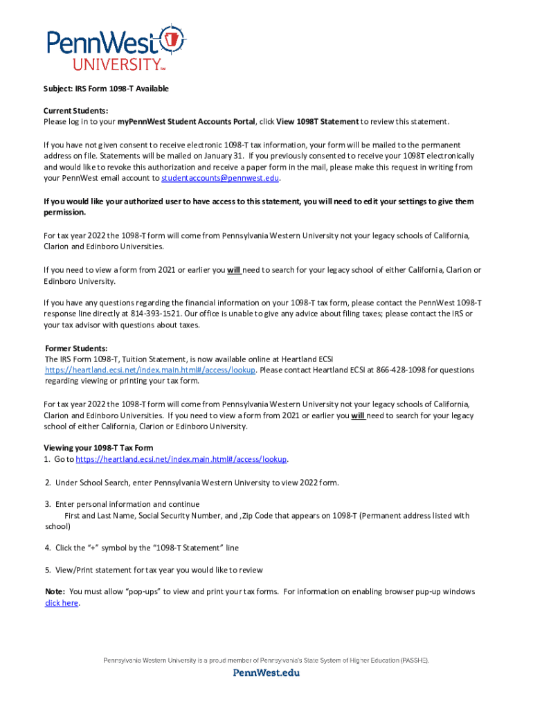 Fillable Online IRS Form 1098-T Available Current Students - Clarion ...