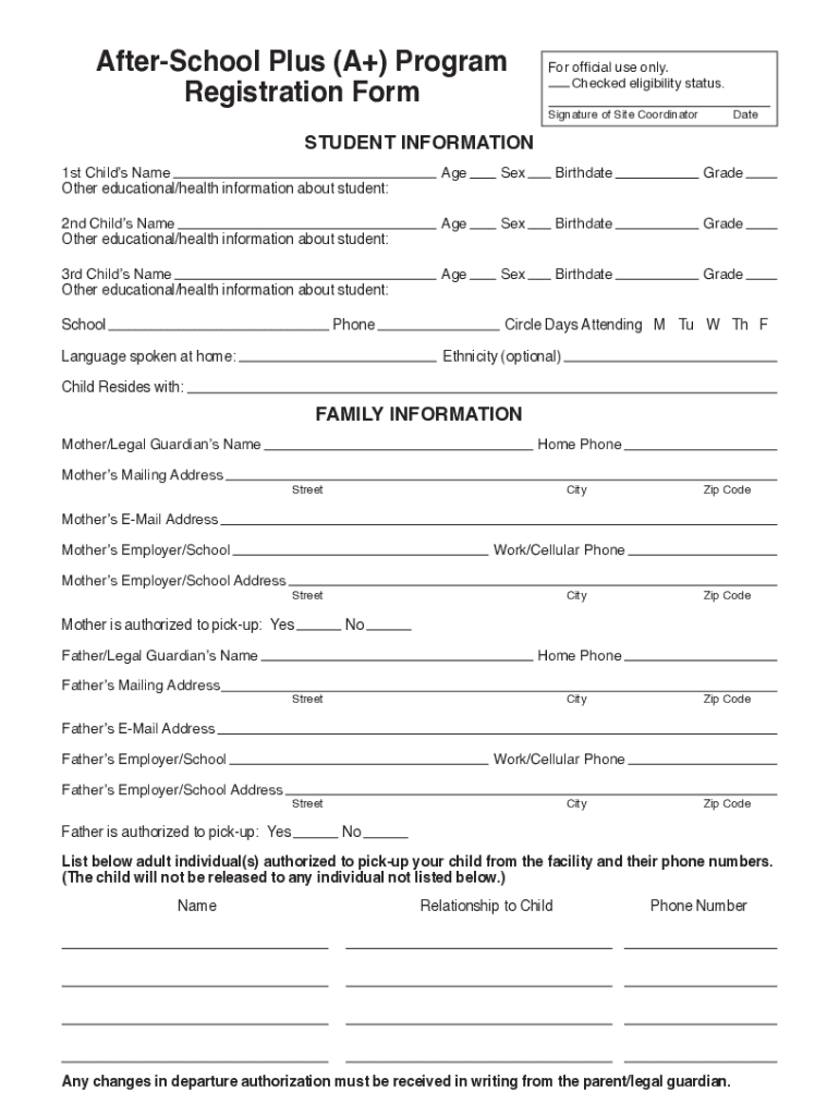 Fillable Online After-School Plus (A+) Program Registration Form ...