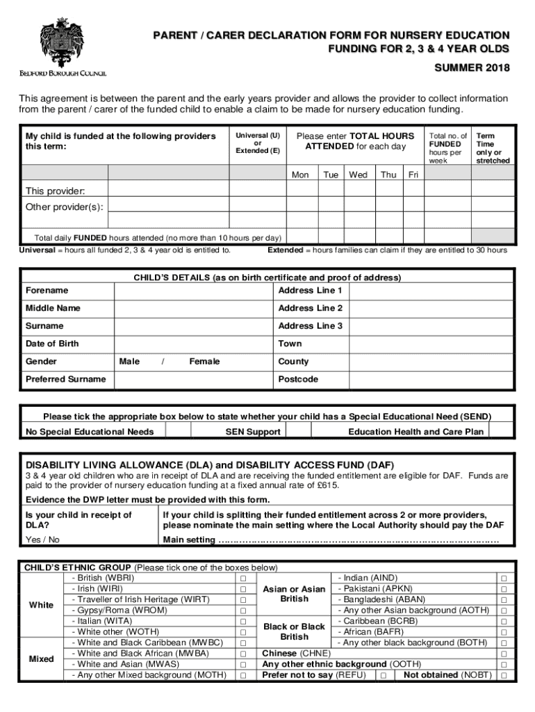 Fillable Online Parent Declaration Form for Nursery Education Funding ...