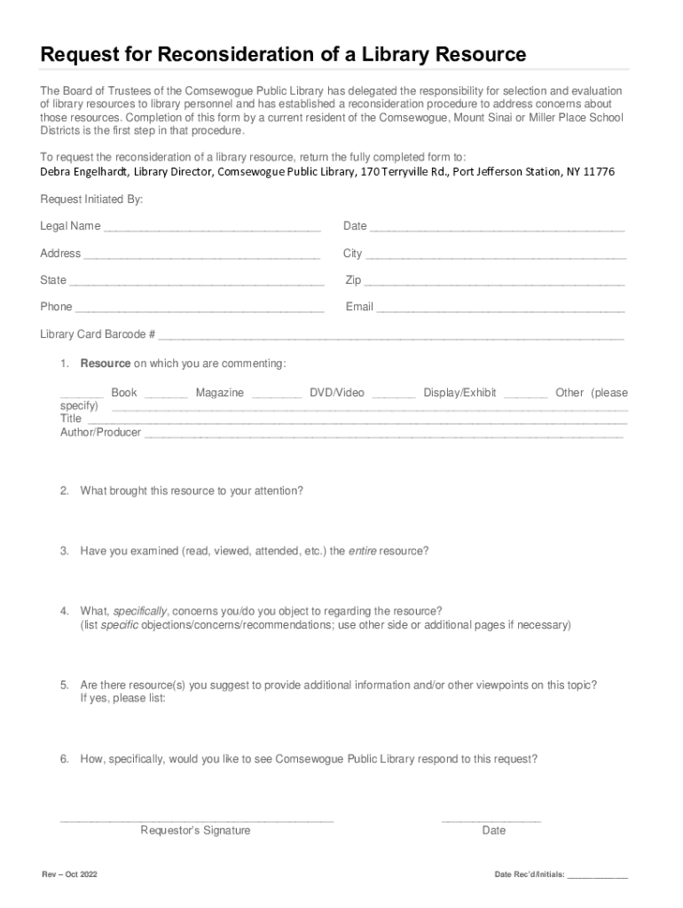 Fillable Online Request for Reconsideration of a Library Resource Fax Email Print - pdfFiller