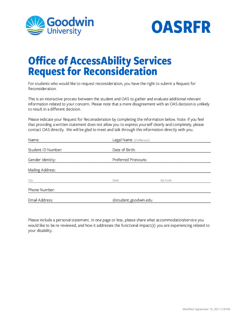 Fillable Online OAS Request for ReconsiderationGoodwin University Fax Email Print - pdfFiller
