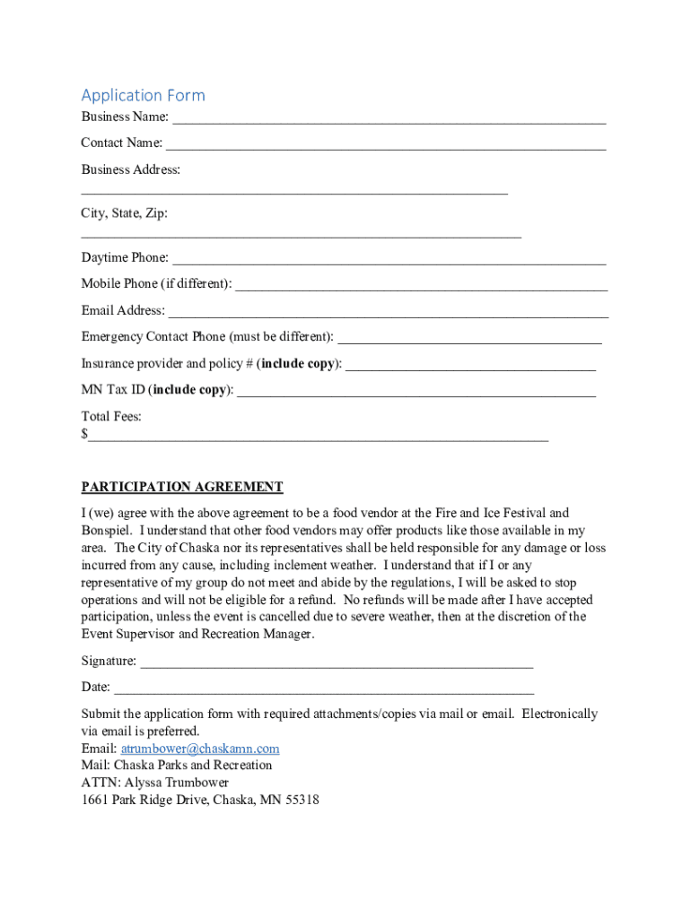 Fillable Online Fire and Ice Food Vendor Application Form Chaska, MN ...
