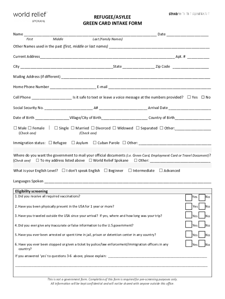 Fillable Online REFUGEE/ASYLEE GREEN CARD INTAKE FORM Fax Email Print ...