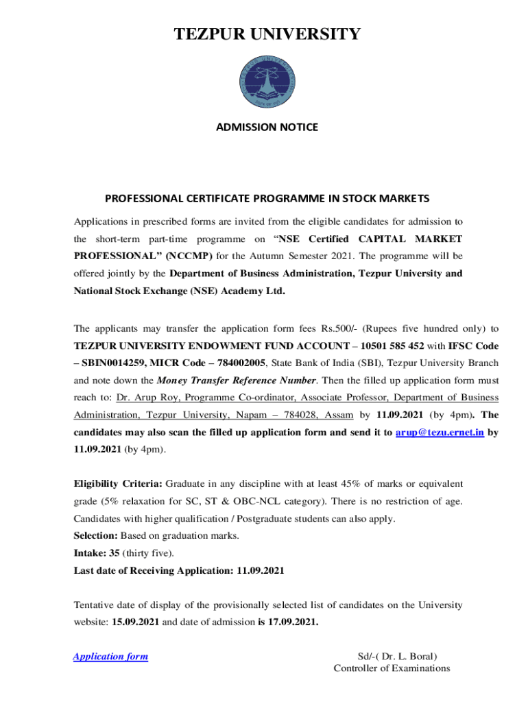 Fillable Online Tezpur University Admission Notice for Certificate ...