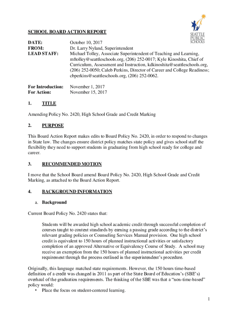 Fillable Online Amending Policy No. 2420, High School Grade and Credit ...