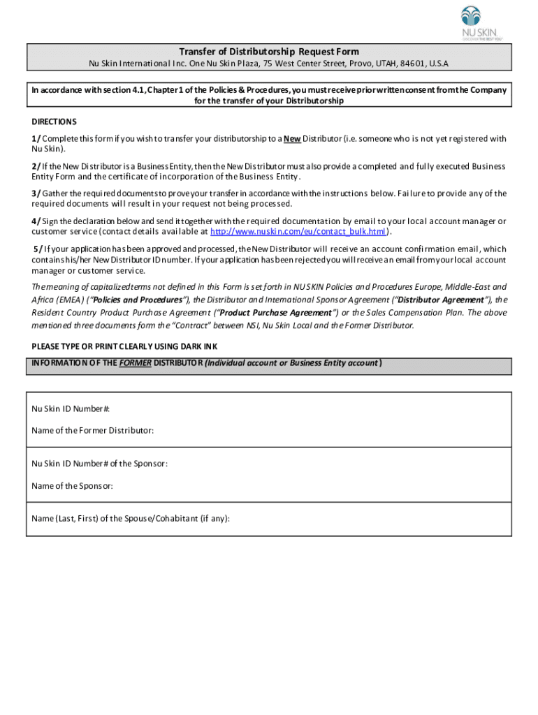 Fillable Online Transfer of Distributorship Request Form - Nu Skin Fax Email Print - pdfFiller