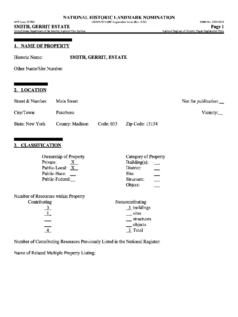 Fillable Online NATIONAL HISTORIC LANDMARK NOMINATION SMITH, GERRIT ...
