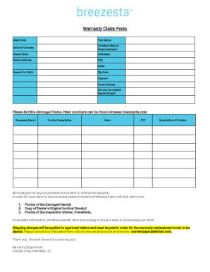 Fillable Online WARRANTY CLAIM INFORMATION FORM Legal Claimant ... Fax ...