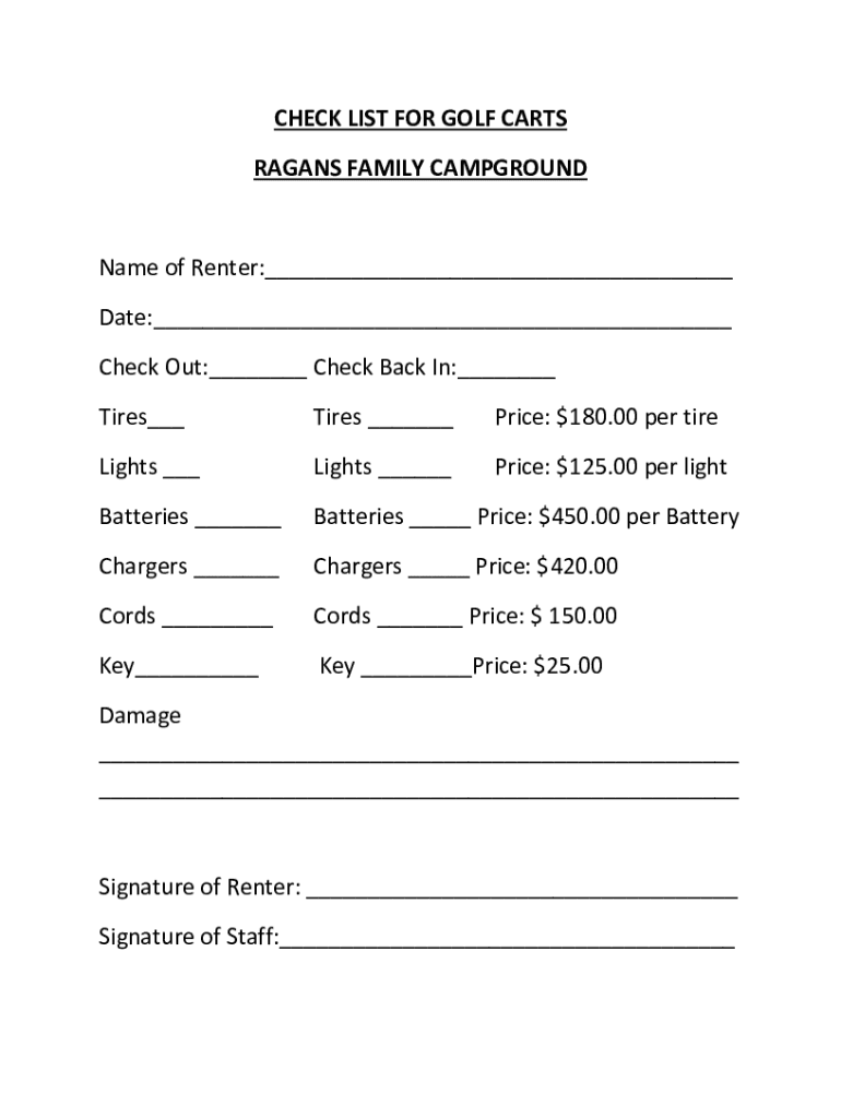 Fillable Online Golf Cart and Utility Vehicle Use Checklist Fax Email ...