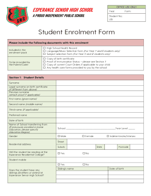 Fillable Online Student Enrolment Form - Esperance Senior High School ...