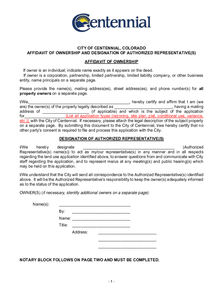 Fillable Online CITY OF CENTENNIAL, COLORADO AFFIDAVIT OF OWNERSHIP ...