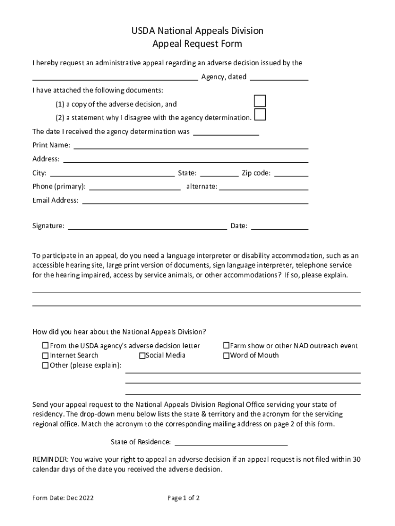 Fillable Online USDA National Appeals Division Appeal Request Form ...