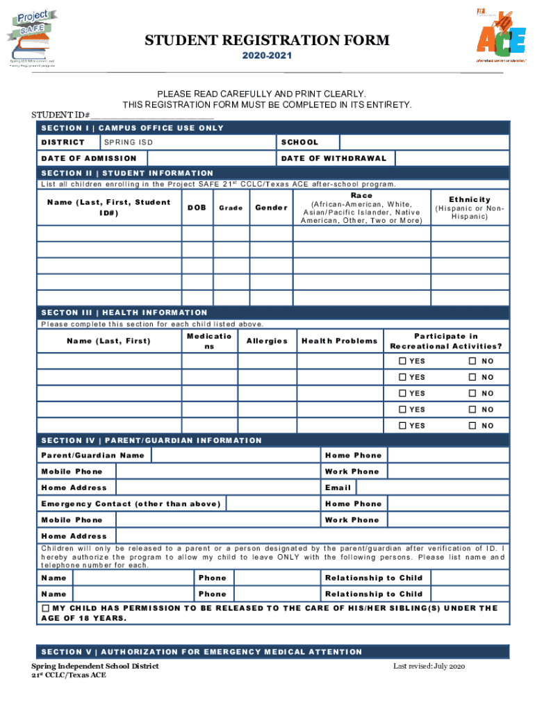 Fillable Online Student Registration Form. Project S.A.F.E. / 21st ...