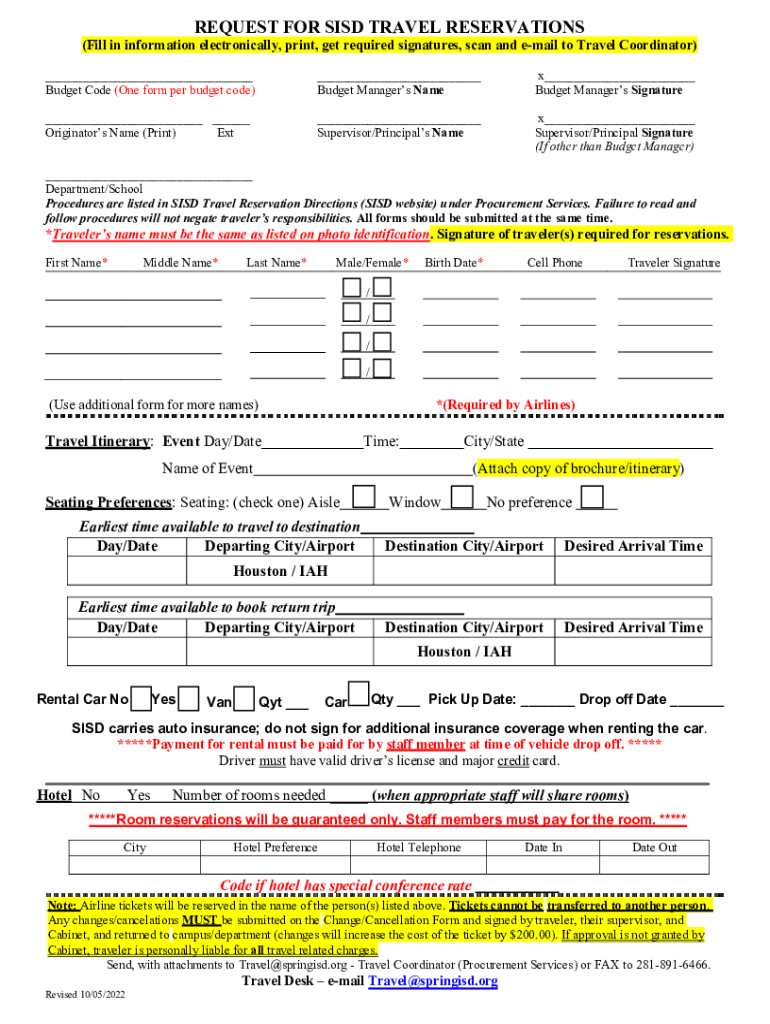 Fillable Online sisd travel reservation request form instructions - Spring ISD Fax Email Print ...
