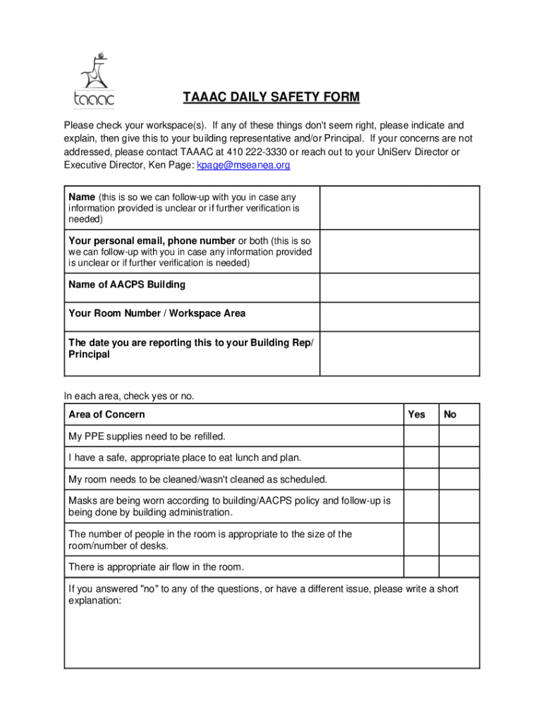 Fillable Online TAAAC DAILY SAFETY FORM Please check your workspace ...