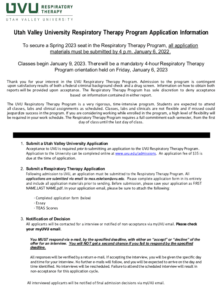 Fillable Online UVU Respiratory Therapy Prerequisites - Utah Valley ...