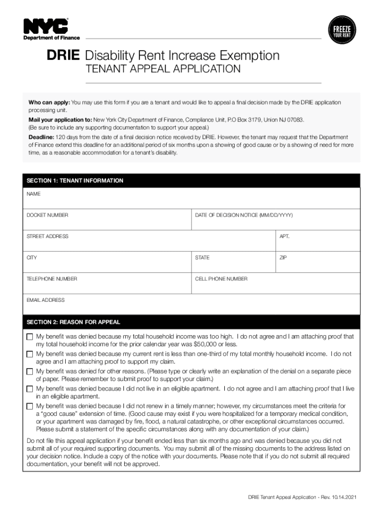 Fillable Online DRIE - TENANT APPEAL APPLICATION New York City ... Fax ...