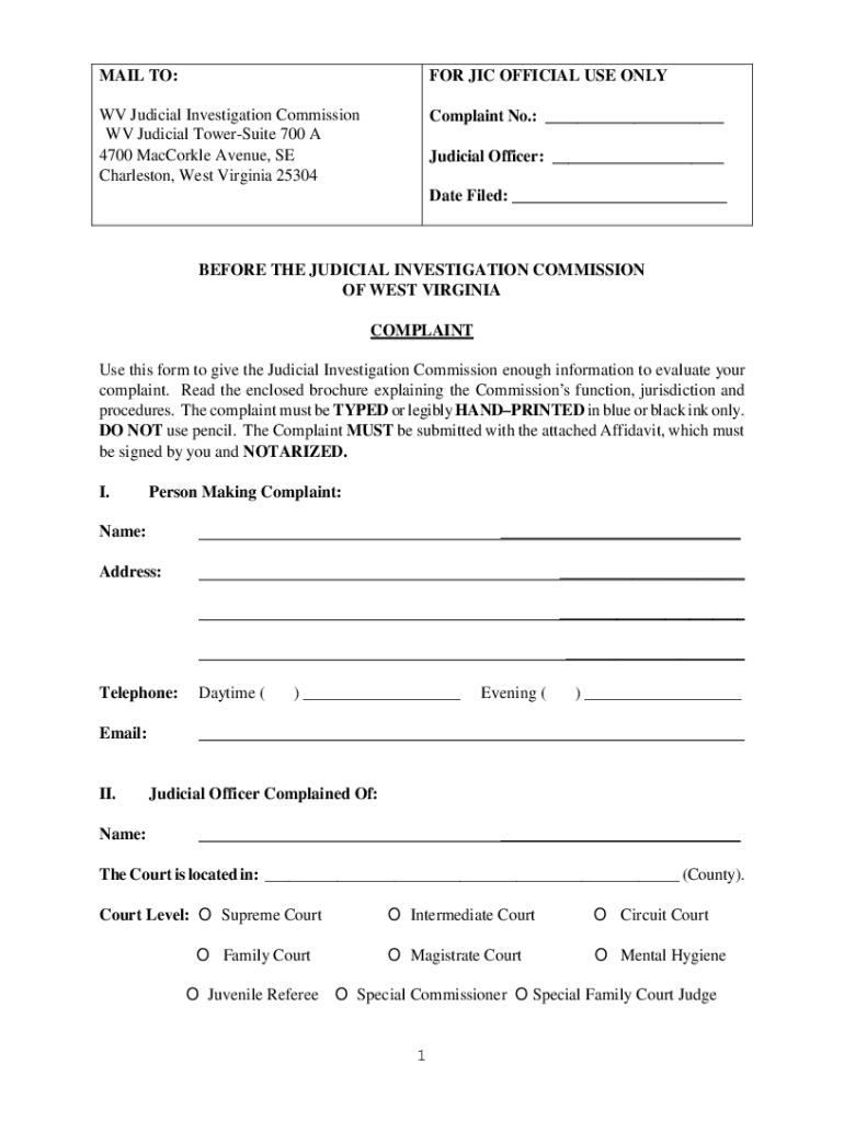 Fillable Online Judicial Investigation Complaint Form for 2023 Fax ...