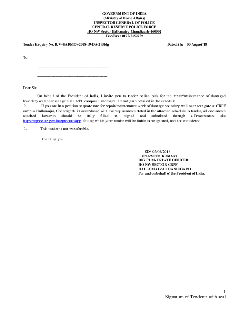 Fillable Online crpf gov 1 Signature of Tenderer with seal - CRPF Fax ...