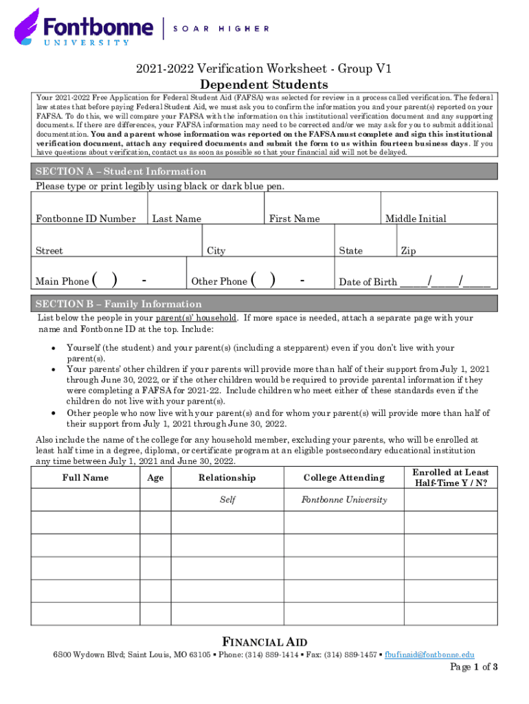 Fillable Online 2021-2022 Verification Worksheet Dependent Student- Tracking Fax Email Print ...