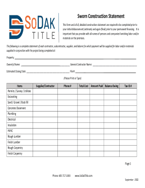 Fillable Online SWORN CONSTRUCTION STATEMENT Sample Clauses Fax Email ...