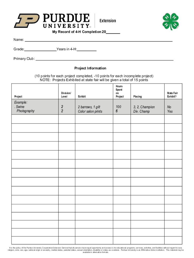 Fillable Online extension purdue 4-H Member's Guide for Completing a 4 ...