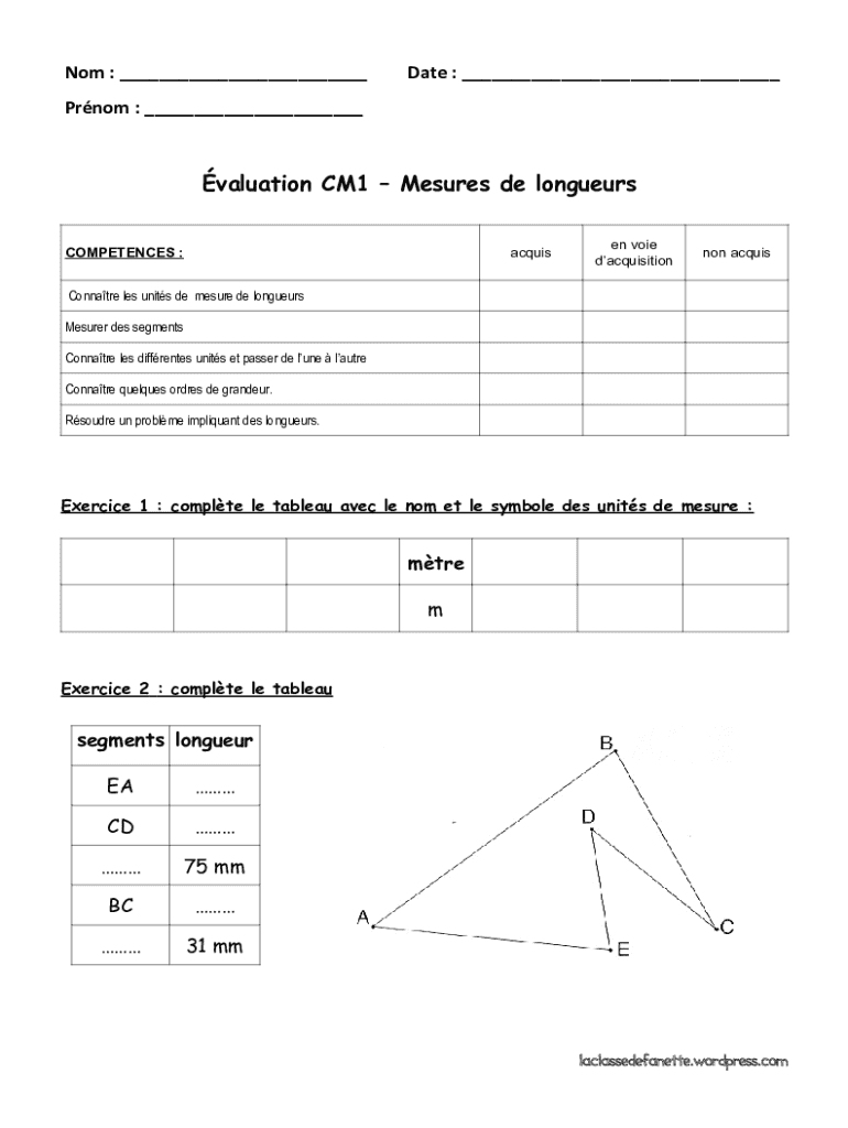 Fillable Online valuation CM1Mesures de longueurs - La classe de Fanette Fax Email Print - pdfFiller
