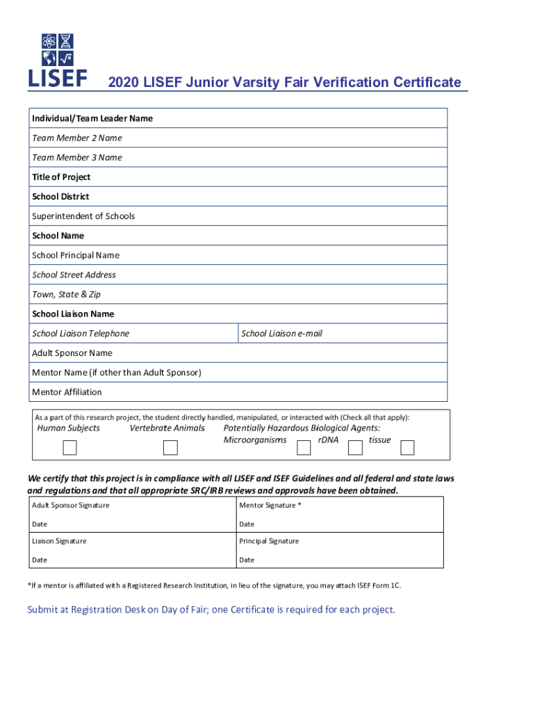 Fillable Online 2020 LISEF Junior Varsity Fair Verification Certificate ...