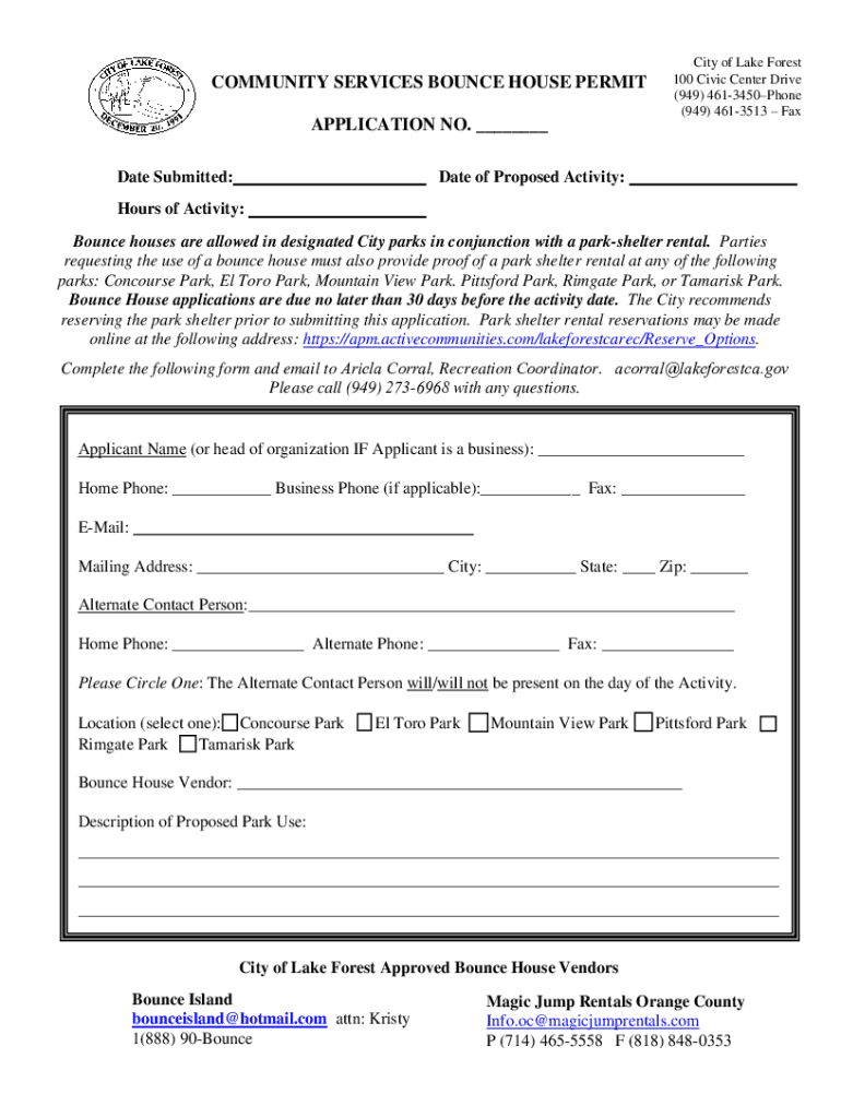 Fillable Online COMMUNITY SERVICES BOUNCE HOUSE PERMIT APPLICATION ... Fax Email Print - pdfFiller