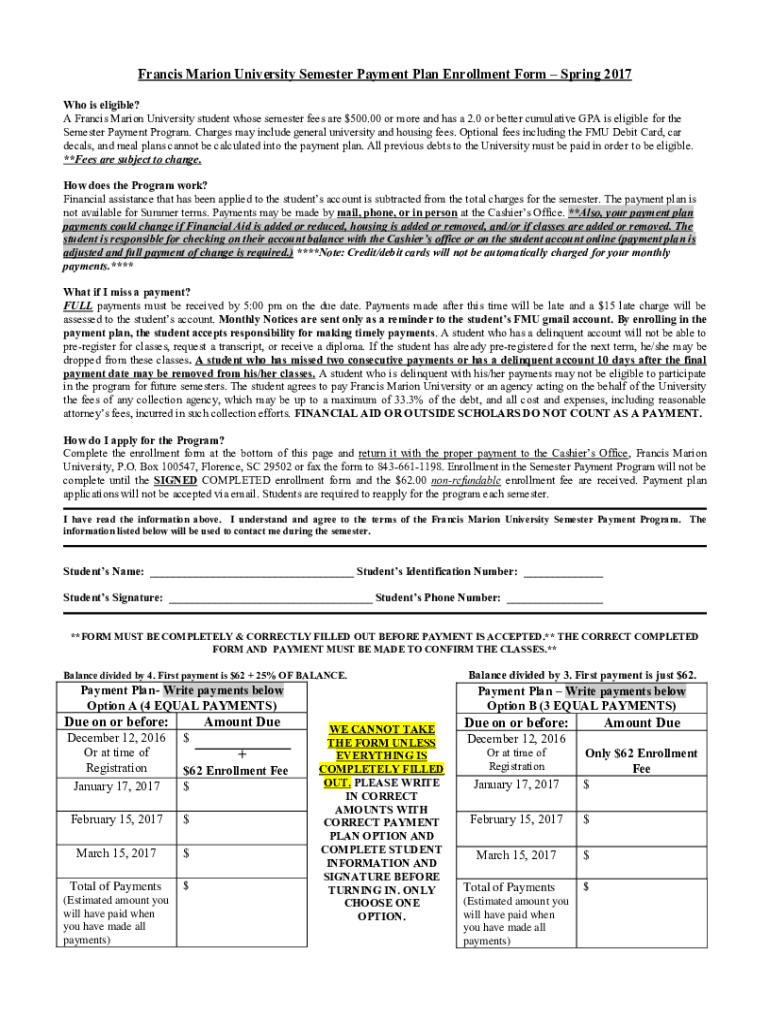 Fillable Online Francis Marion University Semester Payment Plan ...
