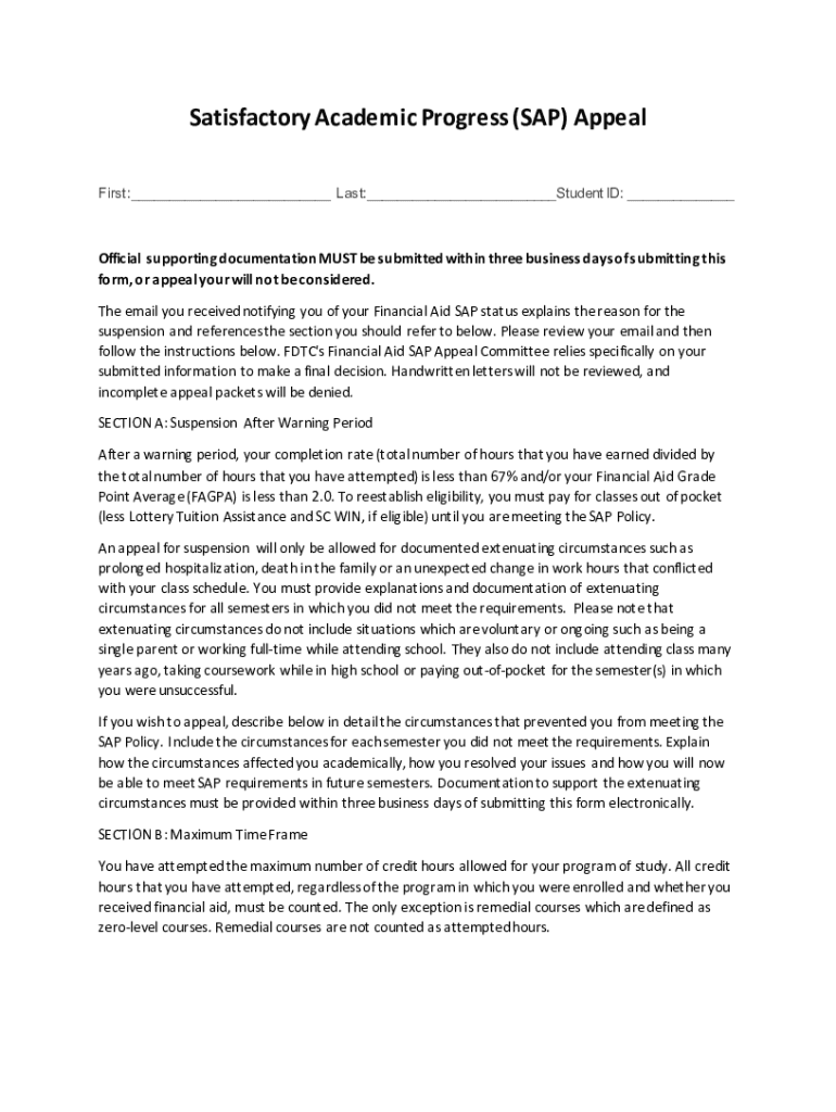 Fillable Online Satisfactory Academic Progress (SAP) AppealFinancial Aid Fax Email Print - pdfFiller