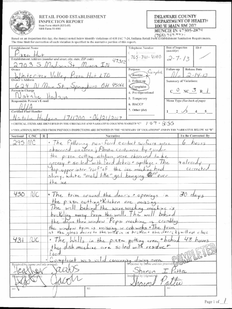 Fillable Online DPH Industry Services: Inspection Services - Delaware ...