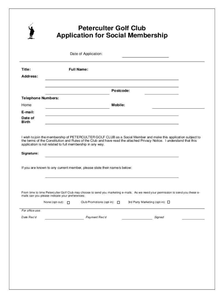 Fillable Online Peterculter Golf Club Application for Social Membership ...