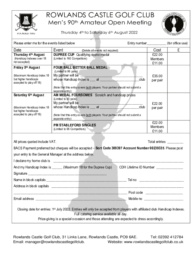 Fillable Online ROWLANDS CASTLE GOLF CLUB Men's 89 - NET Fax Email ...