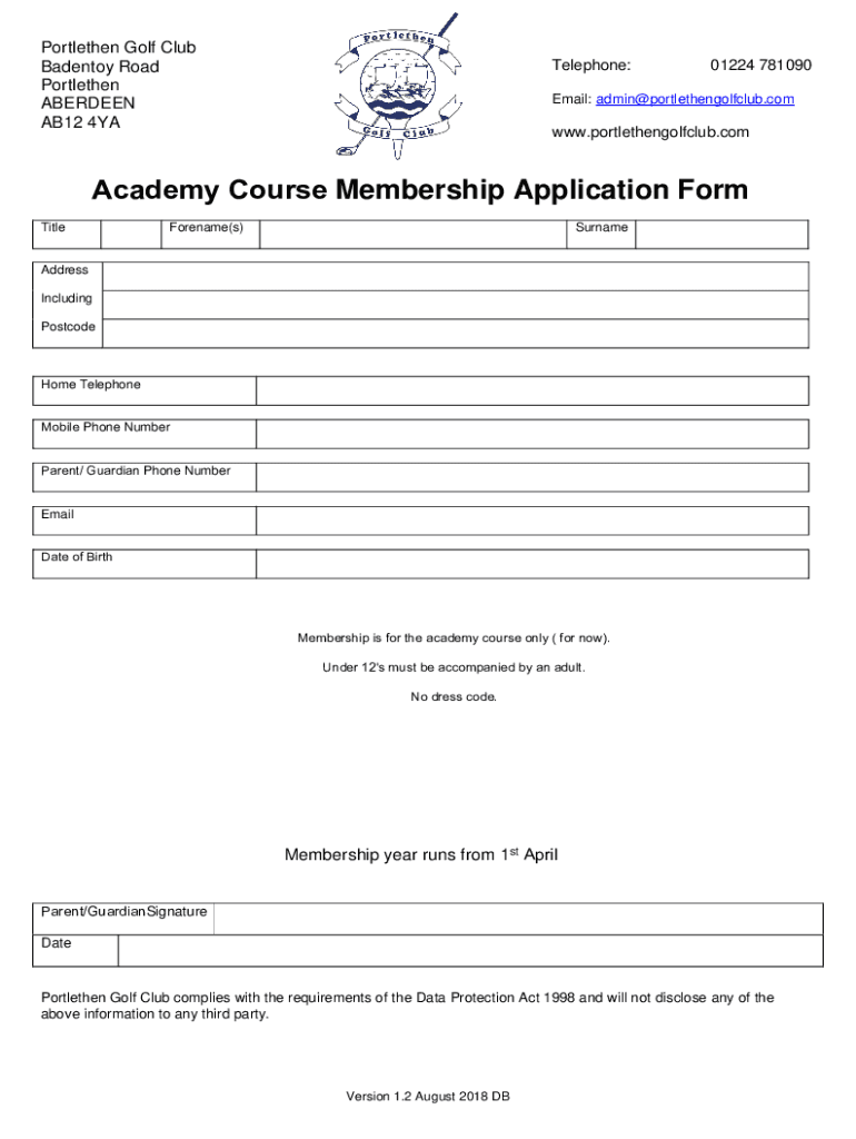Fillable Online Academy Course Membership - Portlethen Golf Club Fax ...