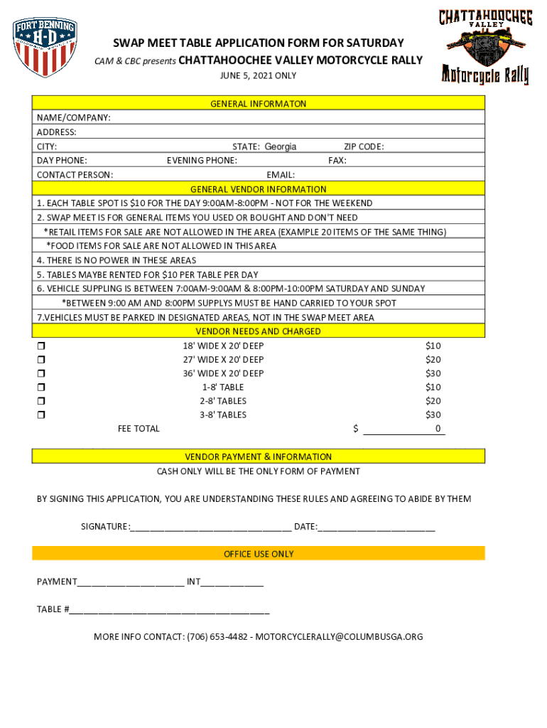 Fillable Online swap meet table application form for saturday Fax Email ...