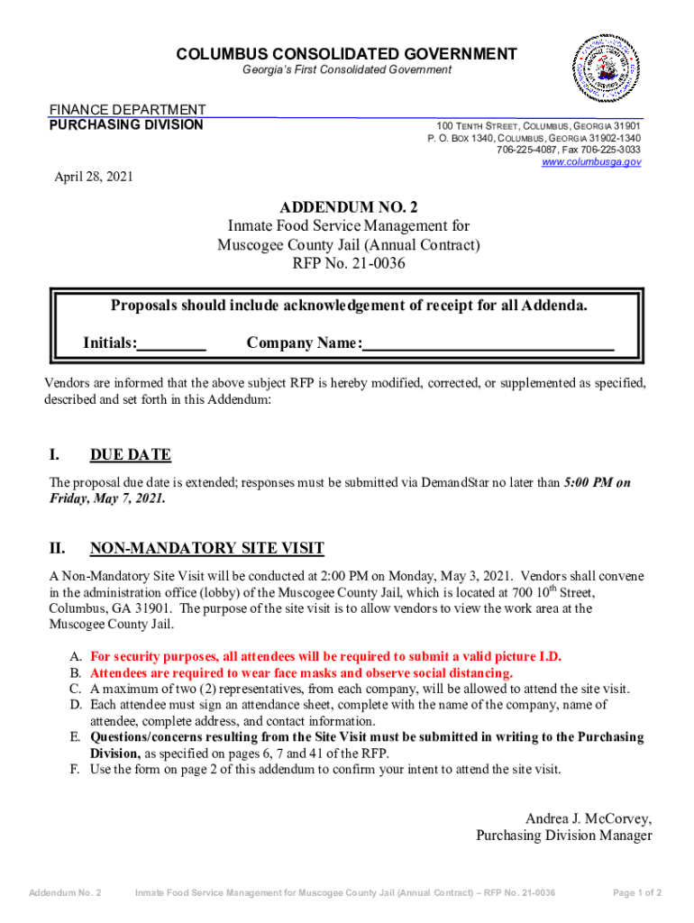 Fillable Online ADDENDUM NO. 2 Inmate Food Service Management for ...